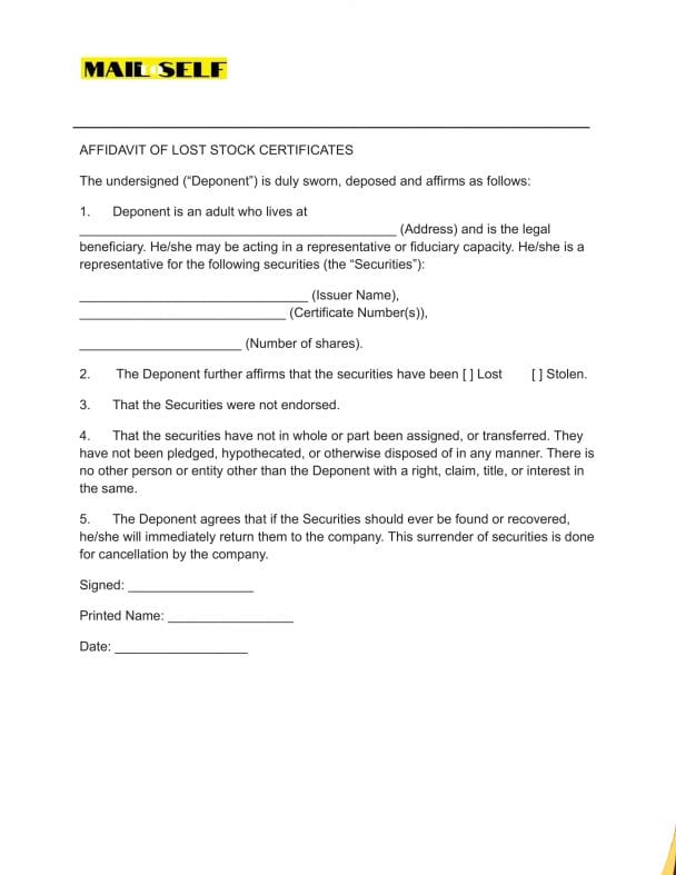 Emergency Affidavit of Lost Stock Certificate: How To, Templates ...